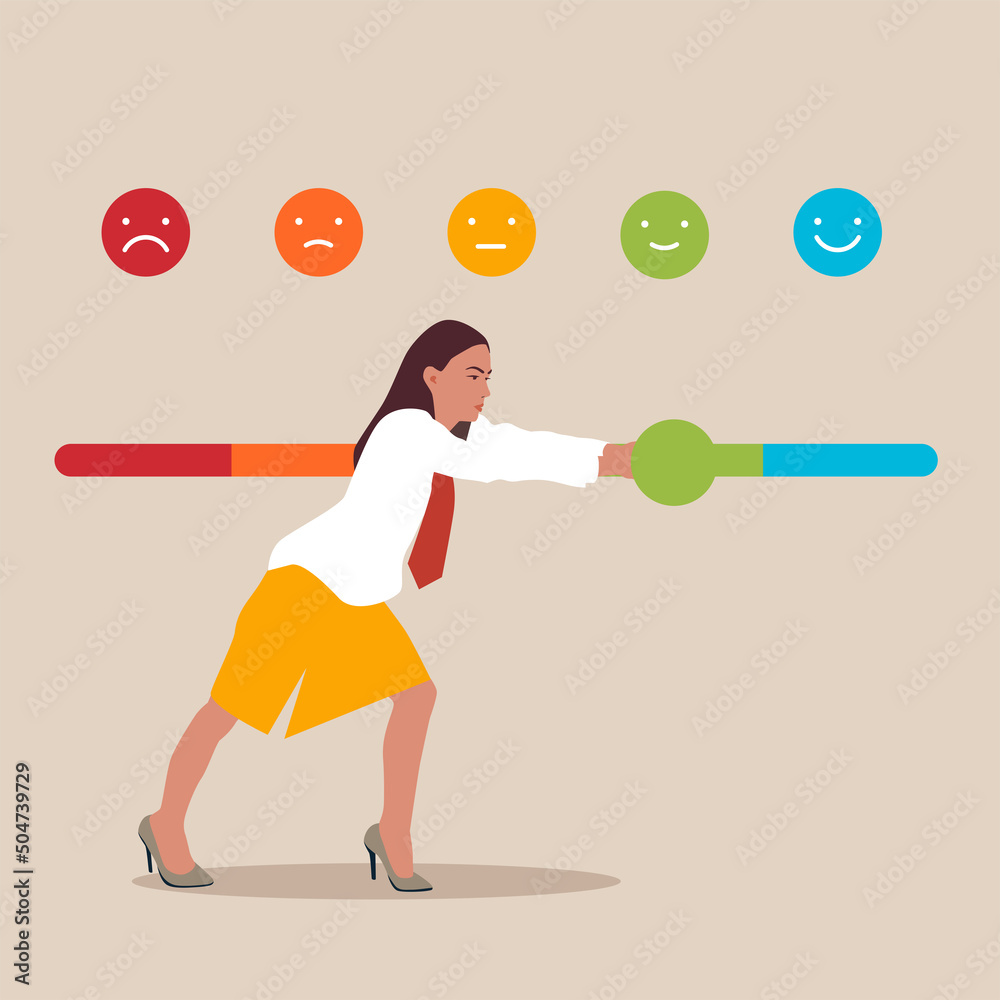 Woman trying to push customer feedback bar to be excellent smile ...