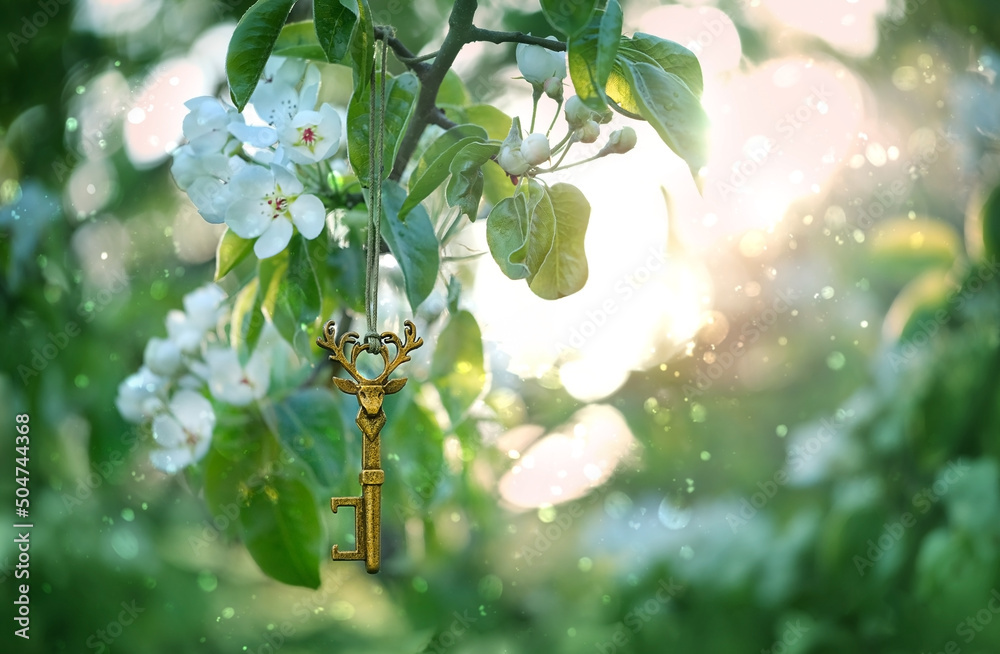 vintage golden key with deer shape on blossom spring tree, blurred ...