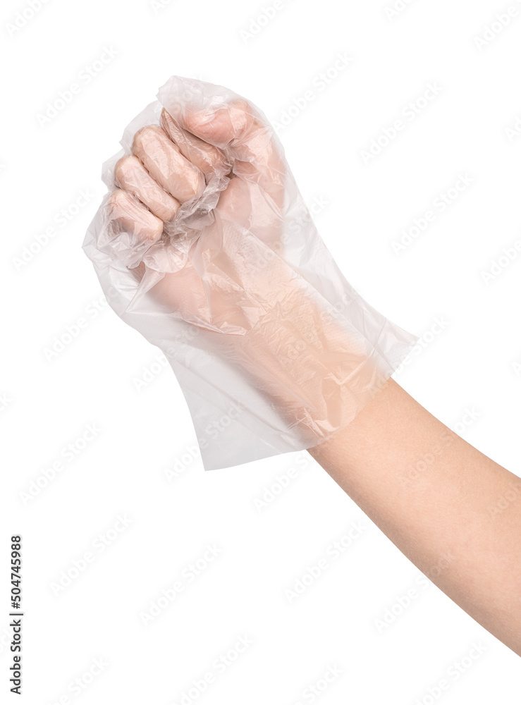 transparent disposable glove on women hand. hand palm dressed in new ...