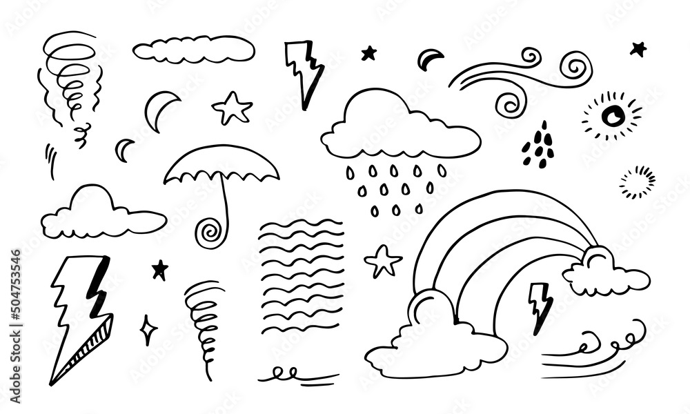 Weather Doodle Vector Set illustration with hand drawn line art style ...