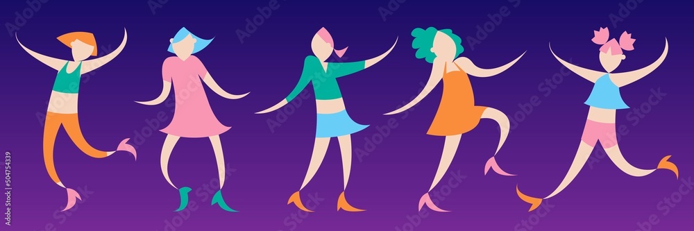 Raster graphics - five cheerful young girls joyfully dance in a row on ...