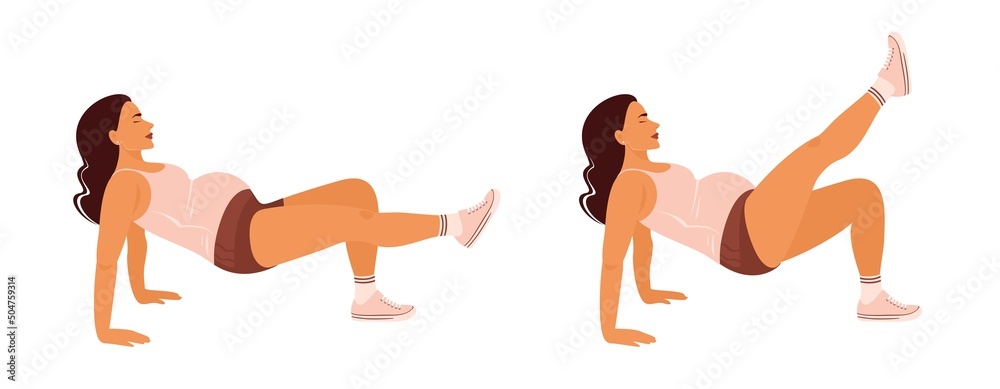 Pregnancy workout. Smiling pregnant woman doing leg exercise. Simple ...