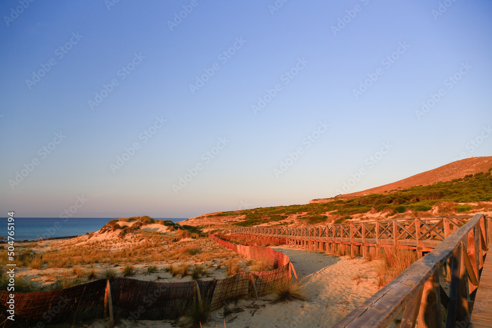 A boardwalk and fences protecting the beautiful dunes landscape of Cala ...