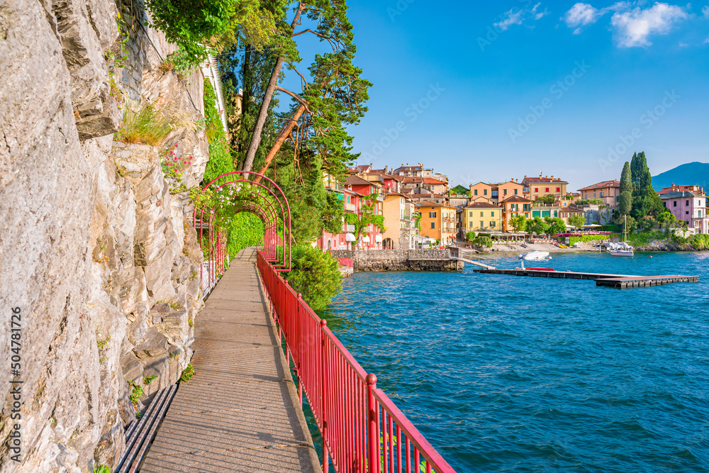Walk of Lovers in Varenna, pedestrian path over water of lake, in the ...