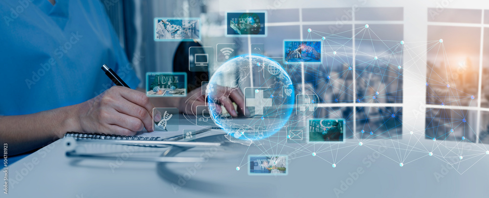 Medicine doctor using digital healthcare and network connection on ...