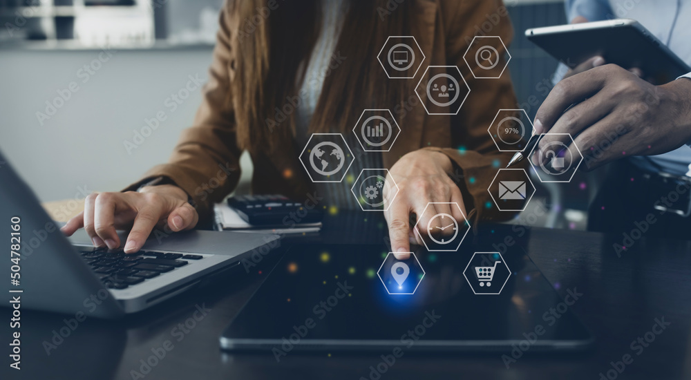 Business people hands working on network and digital finance marketing ...