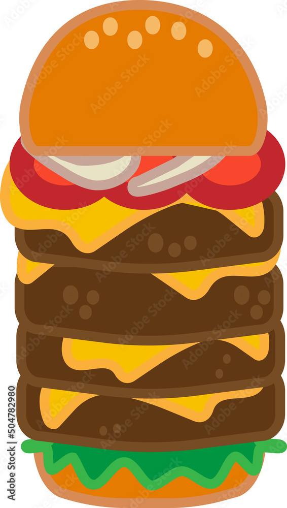 Cartoon cheese big burger icon and sticker. Burger with lettuce, tomato ...