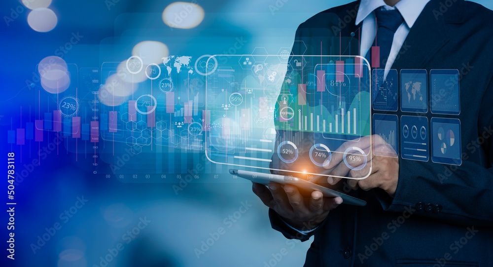 Business people hands working on network and digital finance marketing ...