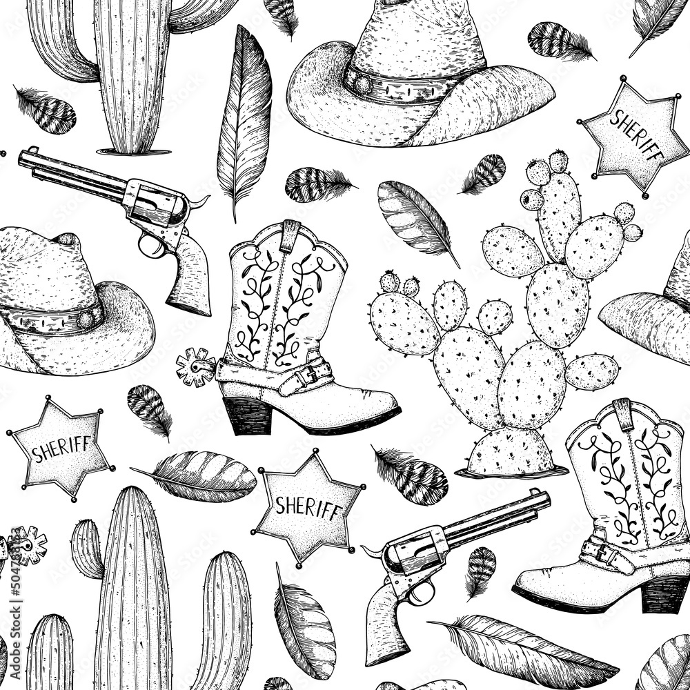 Wild West seamless pattern. Colt, cowboy boots, sheriff's badge, cowboy ...