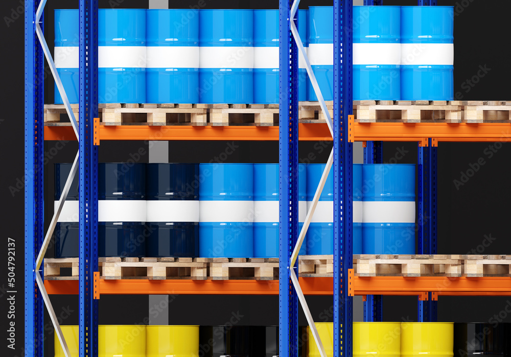 Fuel storage. Storage barrels of oil in warehouse. Multi-colored ...