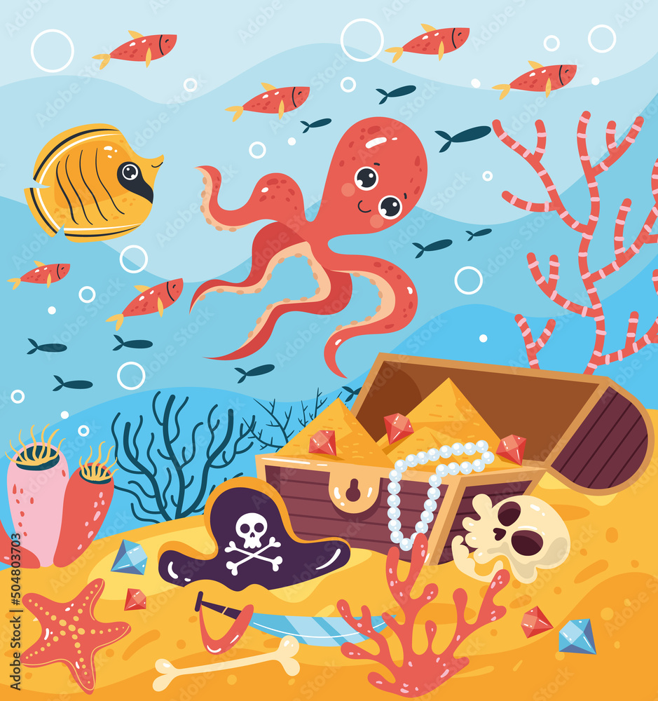 Pirate chest treasure on sea bottom concept. Vector flat cartoon ...