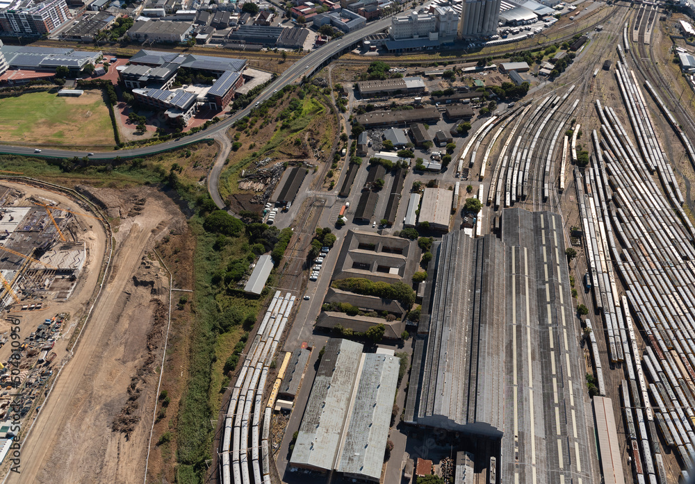 Cape Town, South Africa. 2022. Aerial view of trains and the railway ...