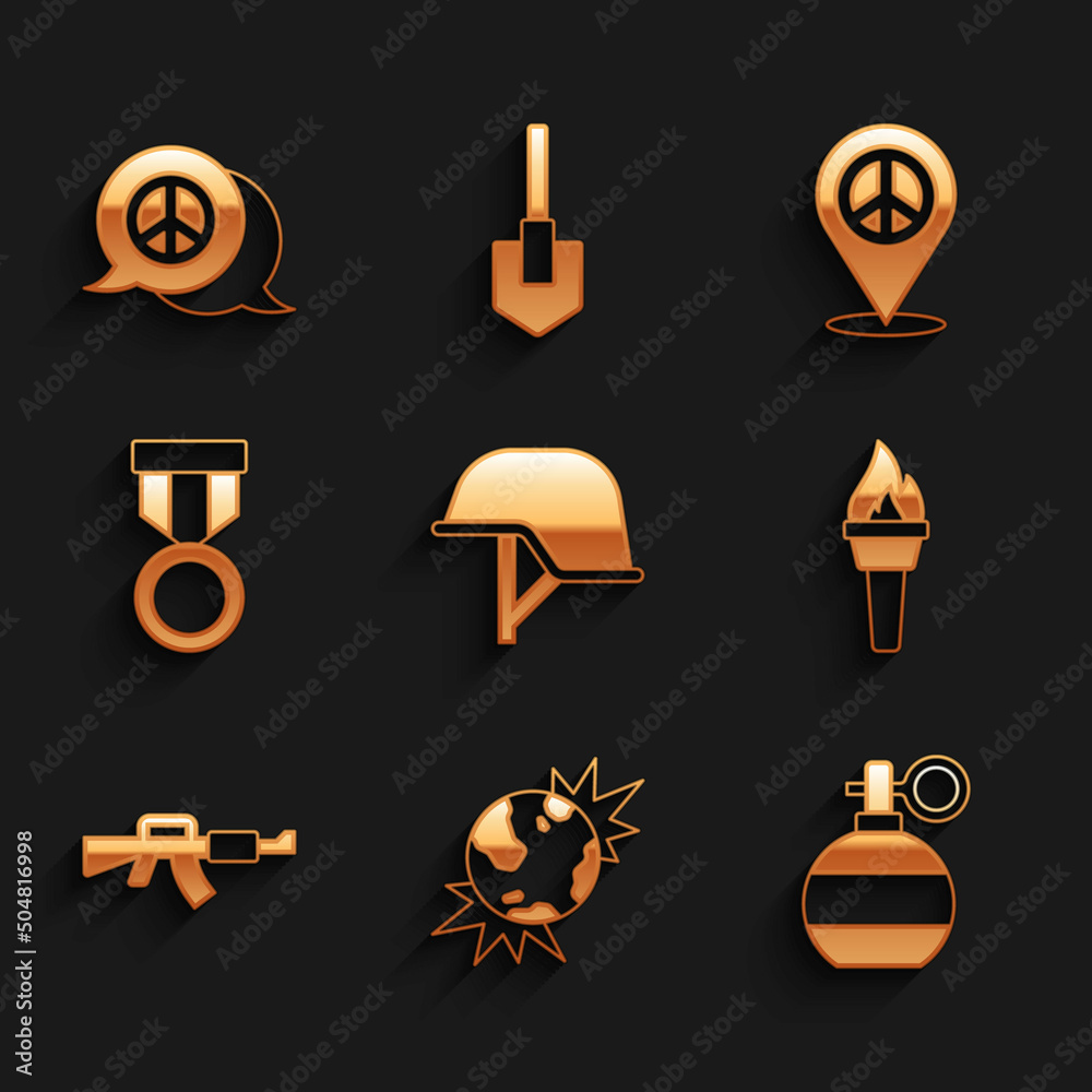Set Military helmet, Bomb explosive planet earth, Hand grenade, Torch ...