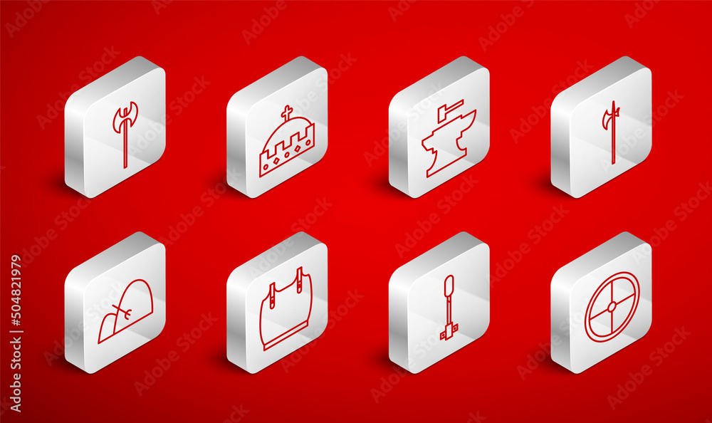 Set line Round wooden shield, King crown, Anvil for blacksmithing ...