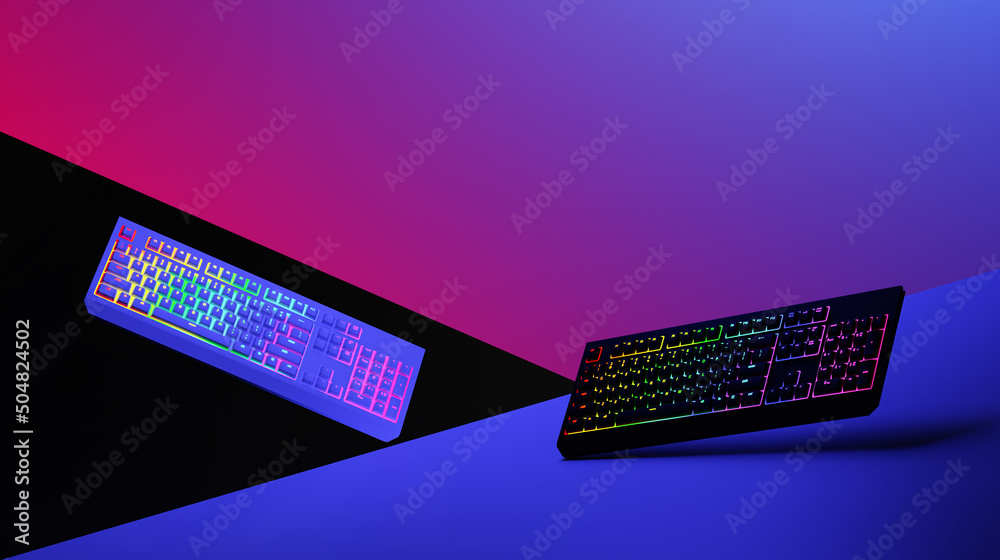 Gaming keyboards with RGB light. White and black gaming keyboard in ...