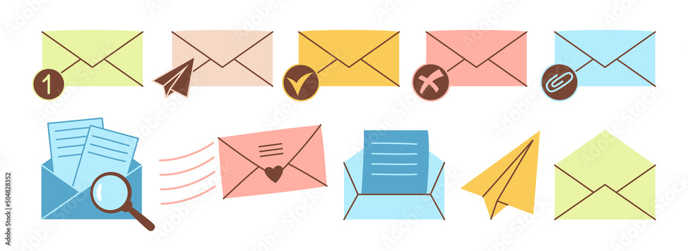 Mail envelope sign set. New message icon, letter mailing or email ...
