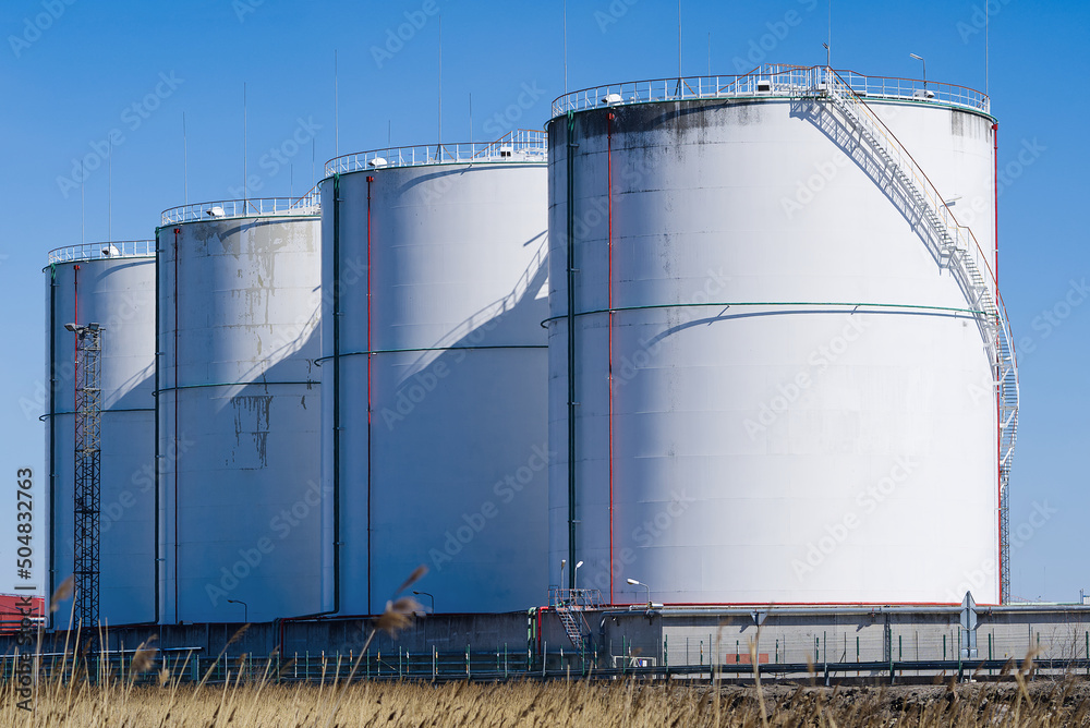 Fuel and lng gas storage tanks at oil terminal. Liquefied natural gas ...