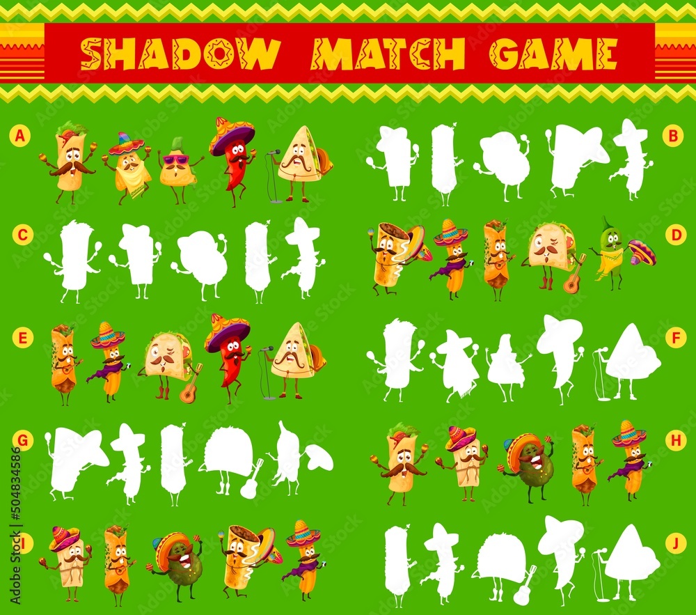 Cartoon Mexican food characters shadow match game. Vector puzzle or ...