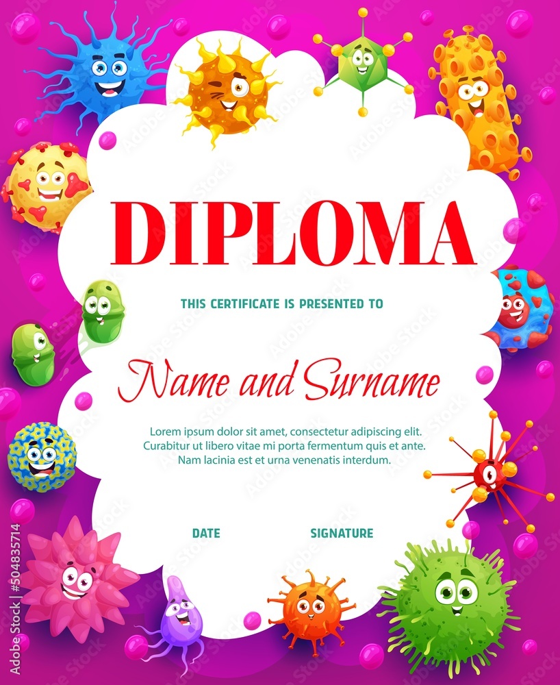 Cartoon funny viruses, microbes, bacteria, pathogen. Medical diploma ...