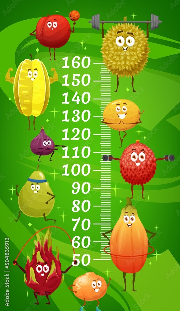 Kids height chart of exotic fruits on fitness, vector growth measuring ...