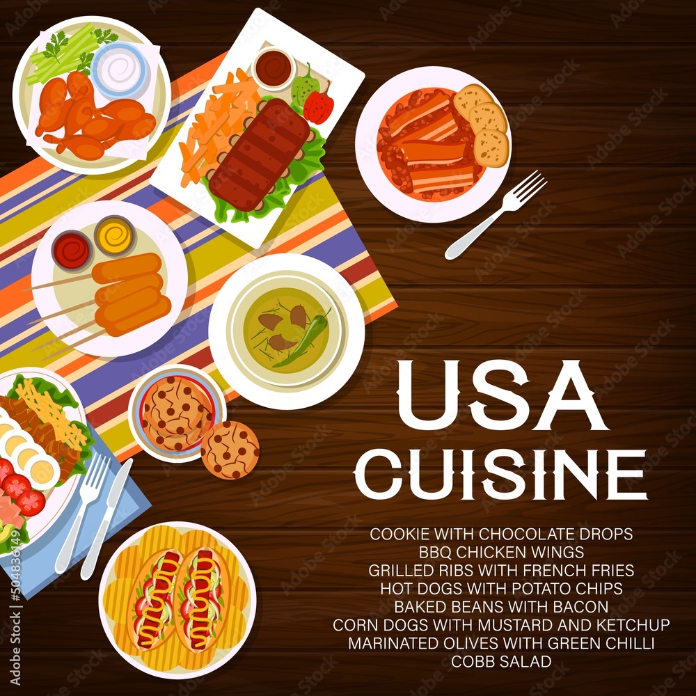 USA food meals, dishes menu cover. Grilled ribs with french fries ...