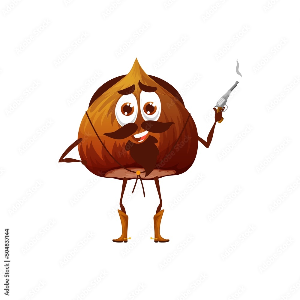 Cartoon hazelnut nut bandit with gun. Vector adventurous robber kernel ...