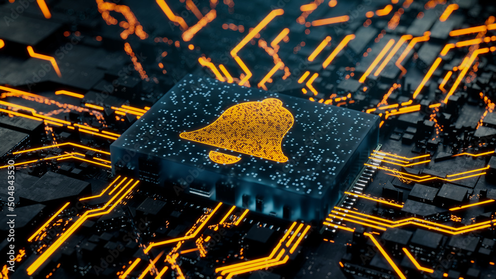 Alert Technology Concept with bell symbol on a Microchip. Data flows ...