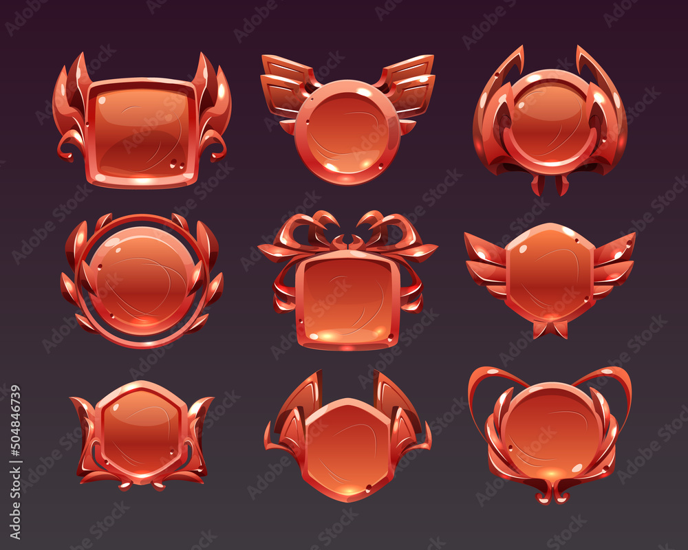 Medieval game menu interface badges, red ui frames, banners, gui ...