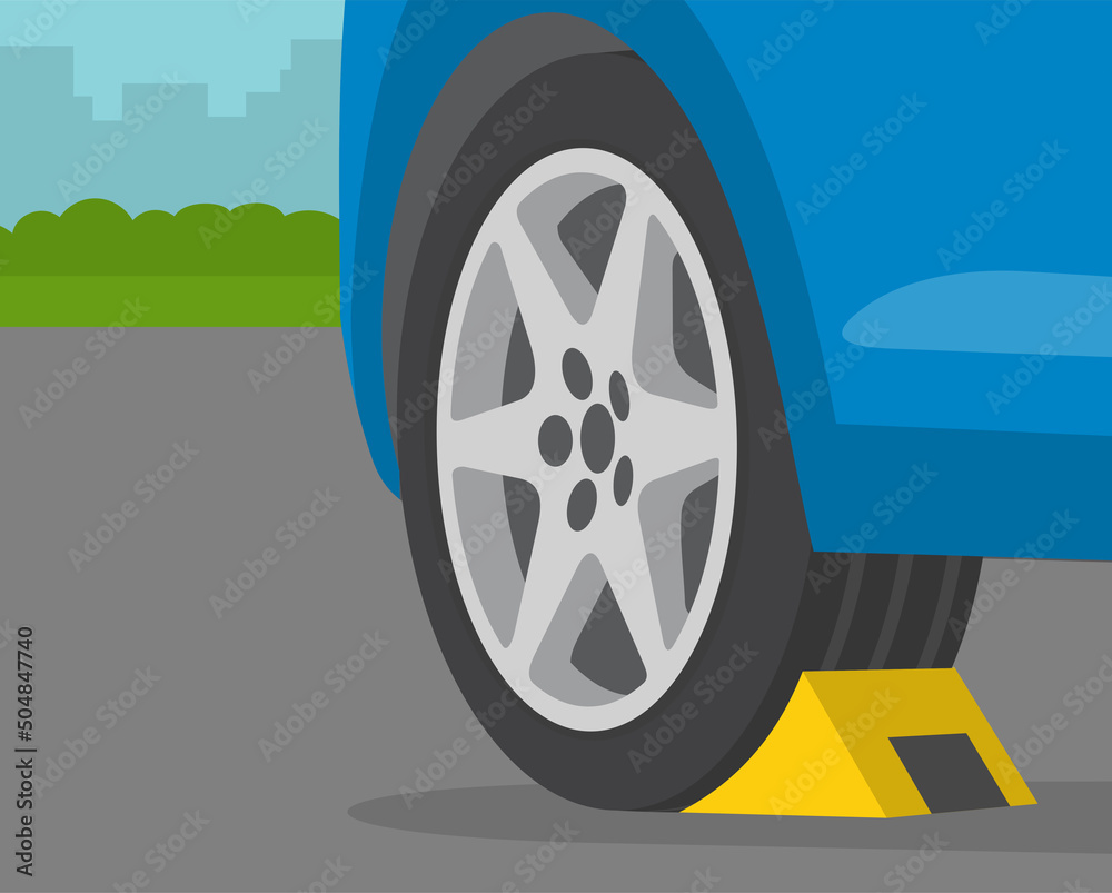 Driving rules and tips. Close-up view of wheel stopper or chocks. Flat ...