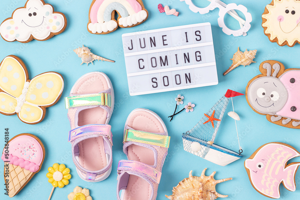 June is coming soon . Motivational quote on lightbox and cute summer ...