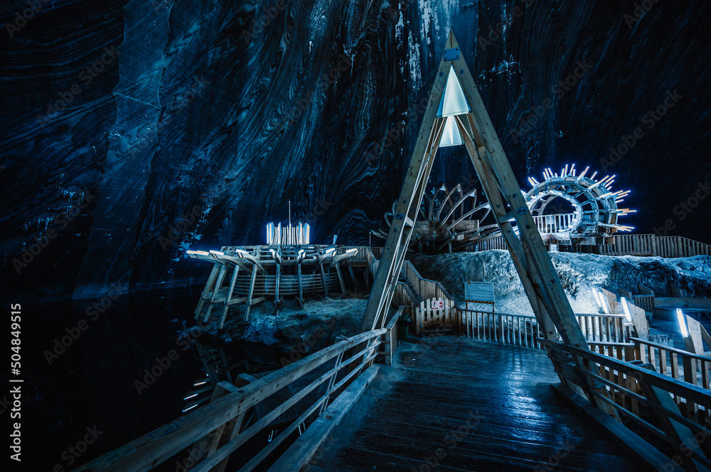 Underground theme park in big salt mine Salina Turda, Turda in Romania ...