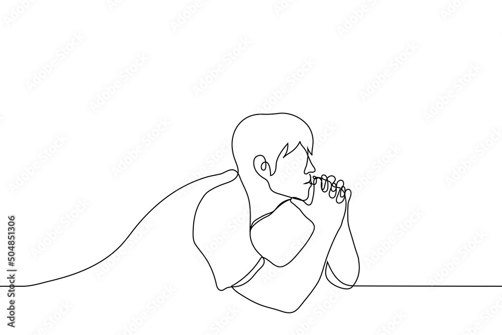 man lay down on his elbows with interlaced fingers - one line drawing ...