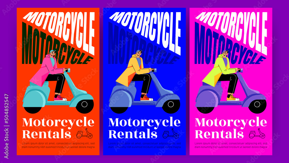 Motorcycle rentals posters with man ride on scooter. Vector vertical ...