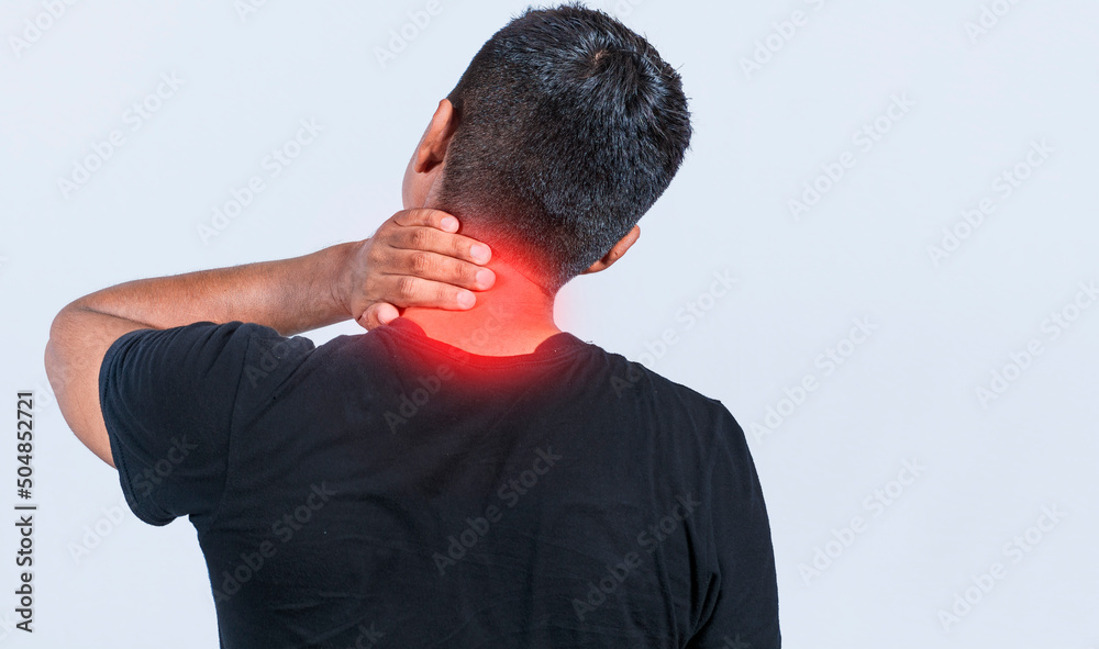 Neck pain and stress concept, man with neck muscle pain, Close up of ...