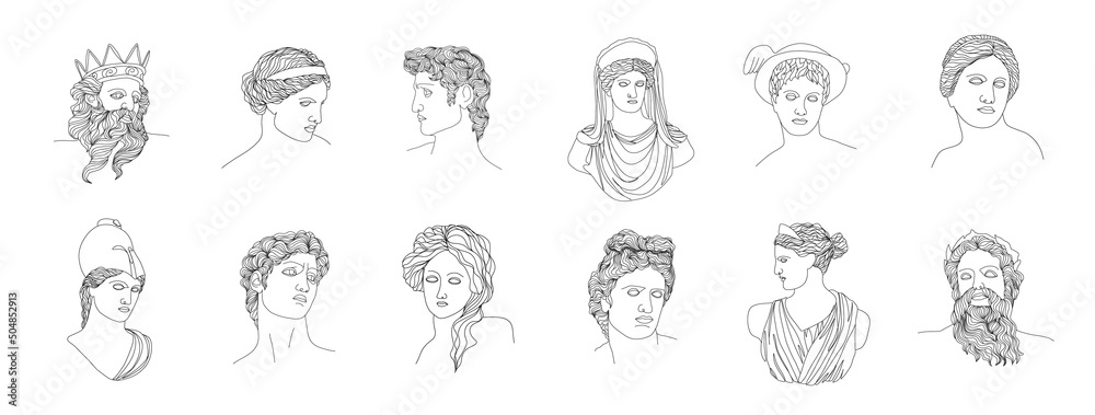 Ancient greek sculpture. Set of linear gods and goddesses. Trendy ...