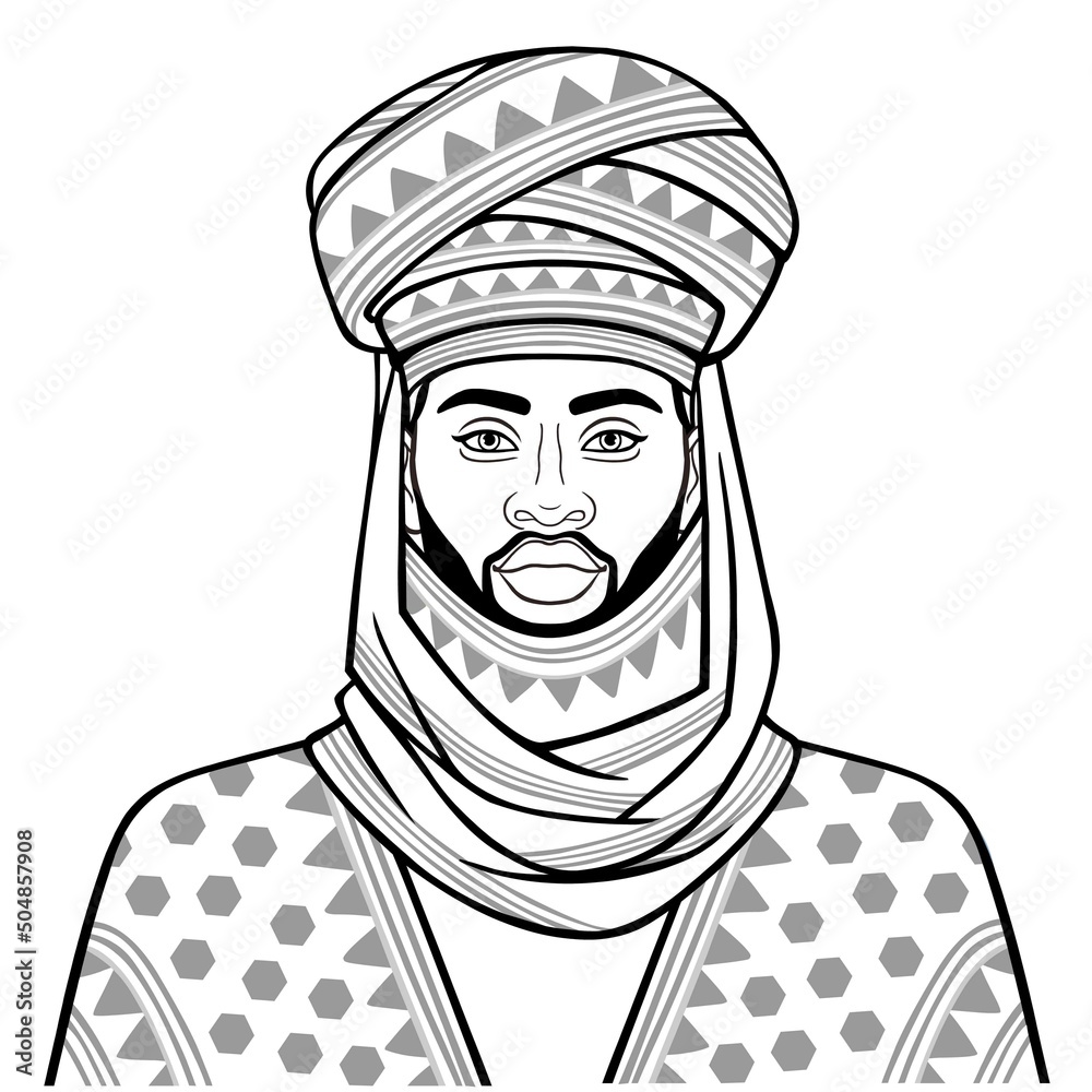 Animation portrait of beautiful African man in a turban. Monochrome ...