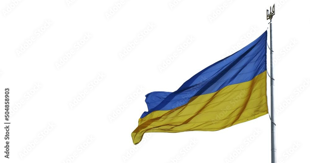 Ukraine flag on white sky, slow motion. Yellow-blue Ukrainian flag ...