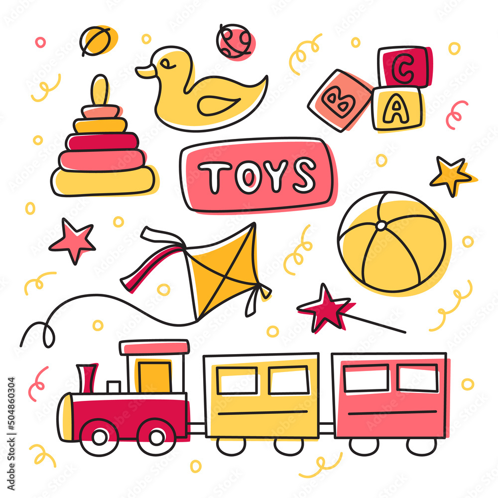 Toys doodle set. Hand drawn icons and design elements Stock Vector ...
