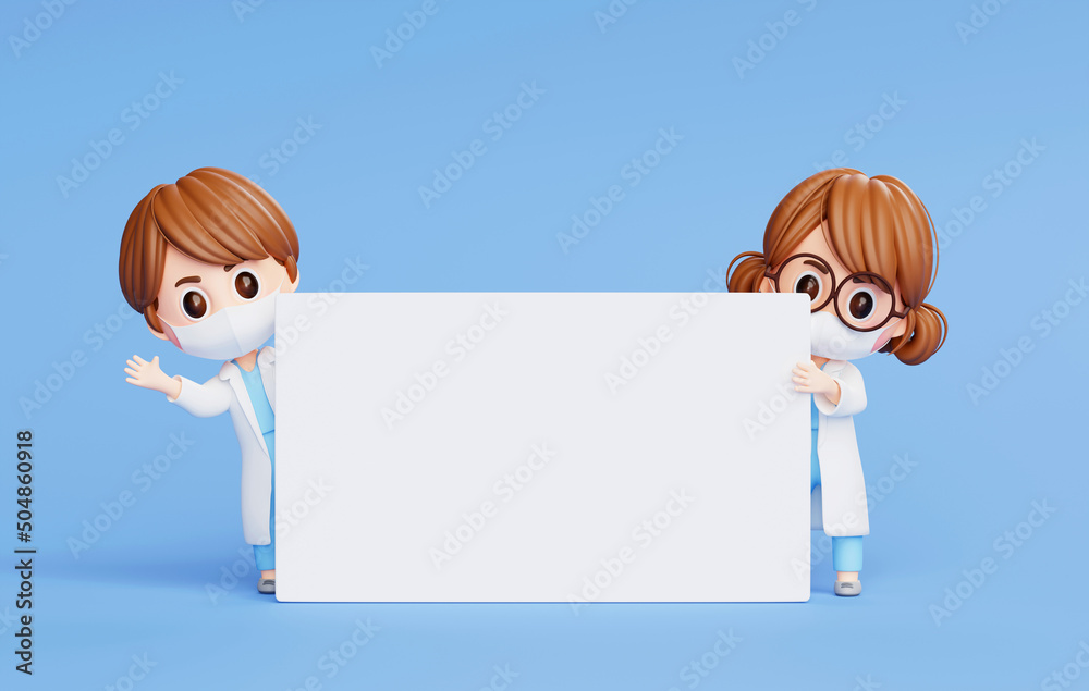 Female doctor and male doctor standing with empty sign banner 3d ...
