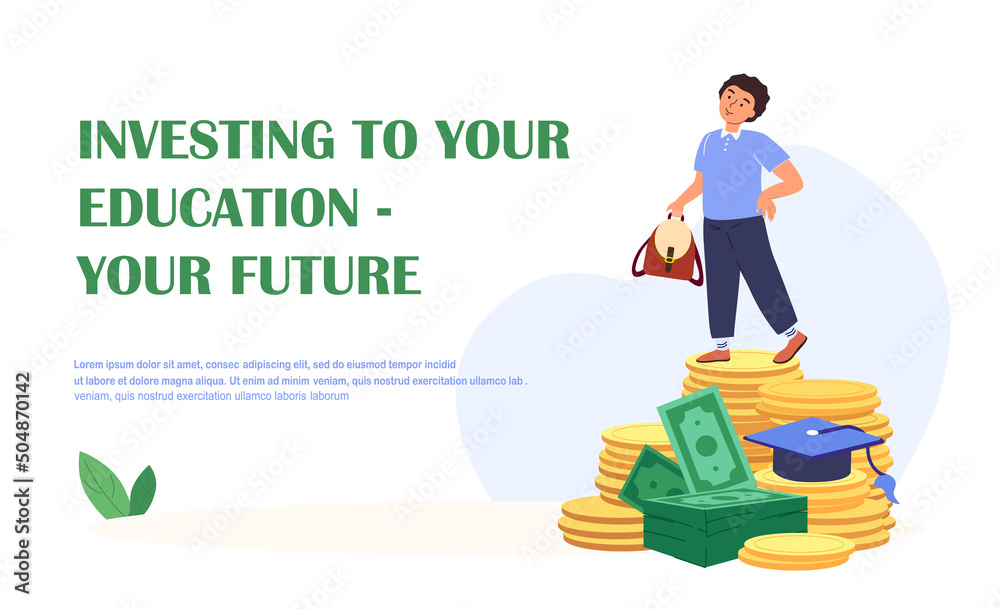 Little Child Boy Stand on Huge Golden Coins Money Pile.Lnding Page ...