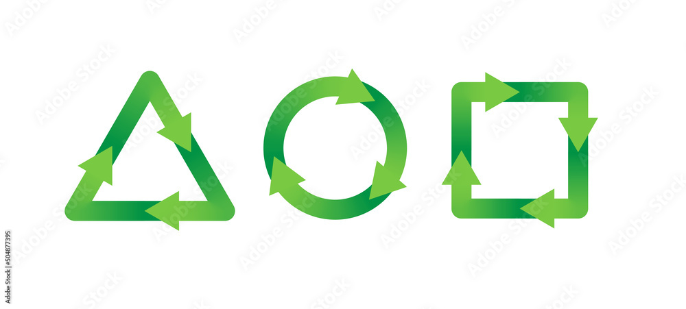 Green recycle icon set isolated on white. Triangle, square and round ...