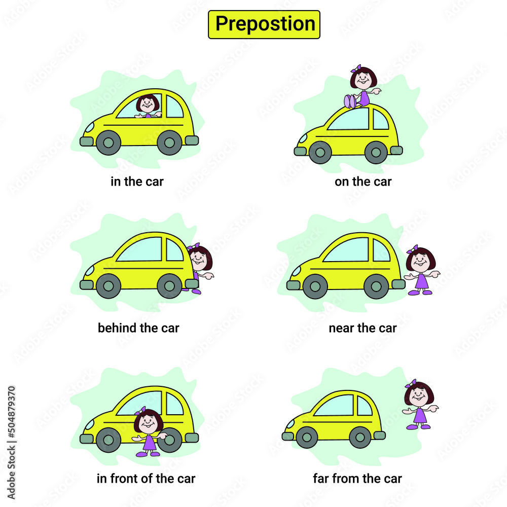 prepositions with car and girl. English prepositions with girl. Cartoon ...
