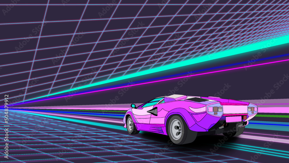 Retro future. 80s style sci-fi background with supercar. Futuristic retro car. Vector retro ...
