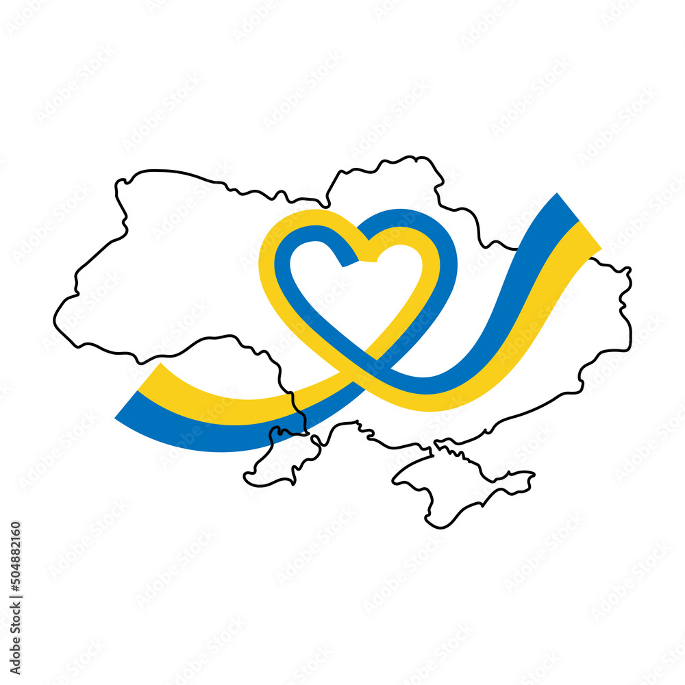 Heart shaped blue and yellow ribbon and line art map of Ukraine. Design ...