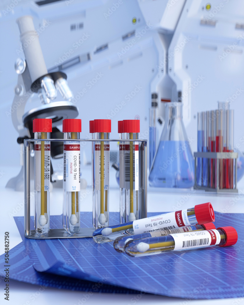 Collection of positive Covid-19 test tubes and a modern laboratory 3d ...