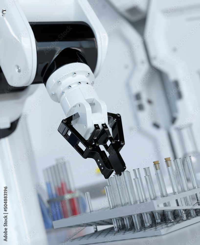 Automated robot arm working in a laboratory with test tubes and bottles ...