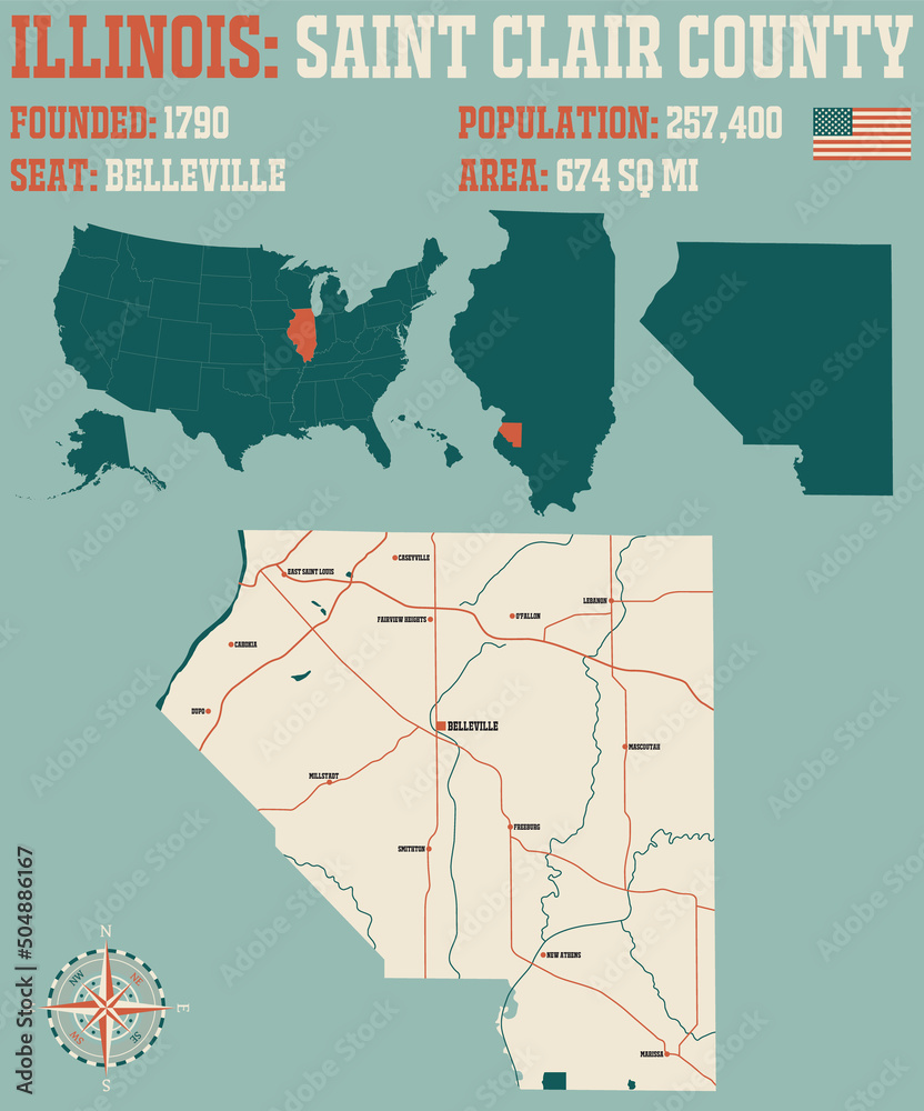 Large and detailed map of Saint Clair county in Illinois, USA. Stock ...