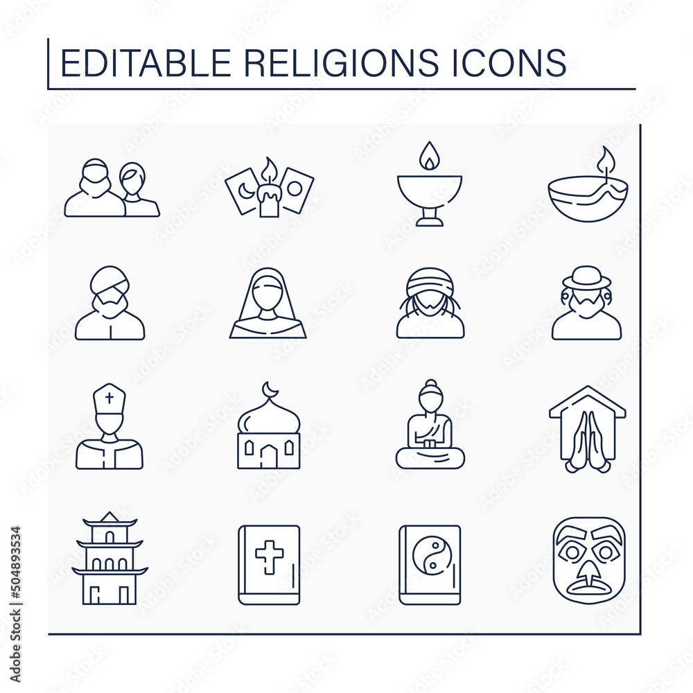 Religious line icons set.Main religious symbols. Leader of catholic ...