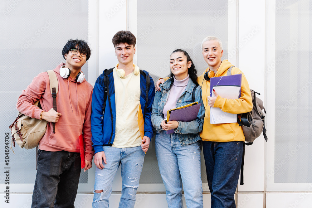 College Student friends in the Campus. Students ready to start academic ...