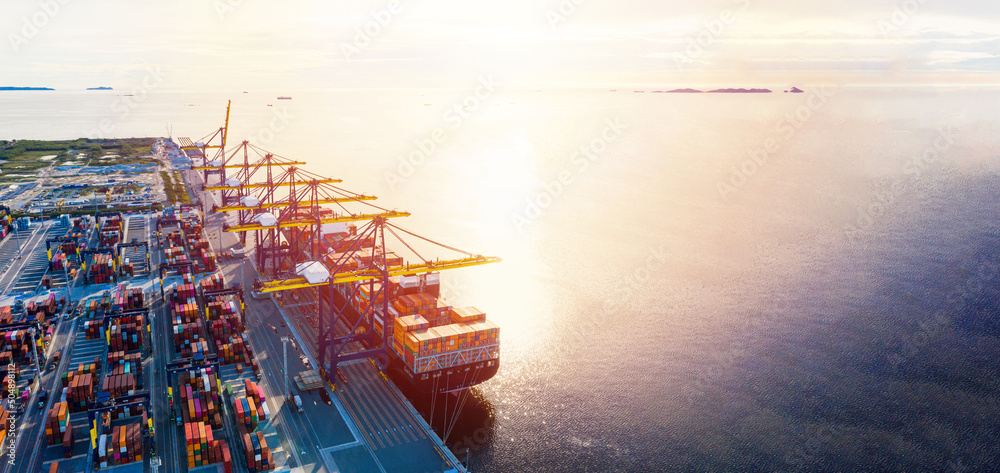 Aerial top view of container ship loading and unloading in cargo ...